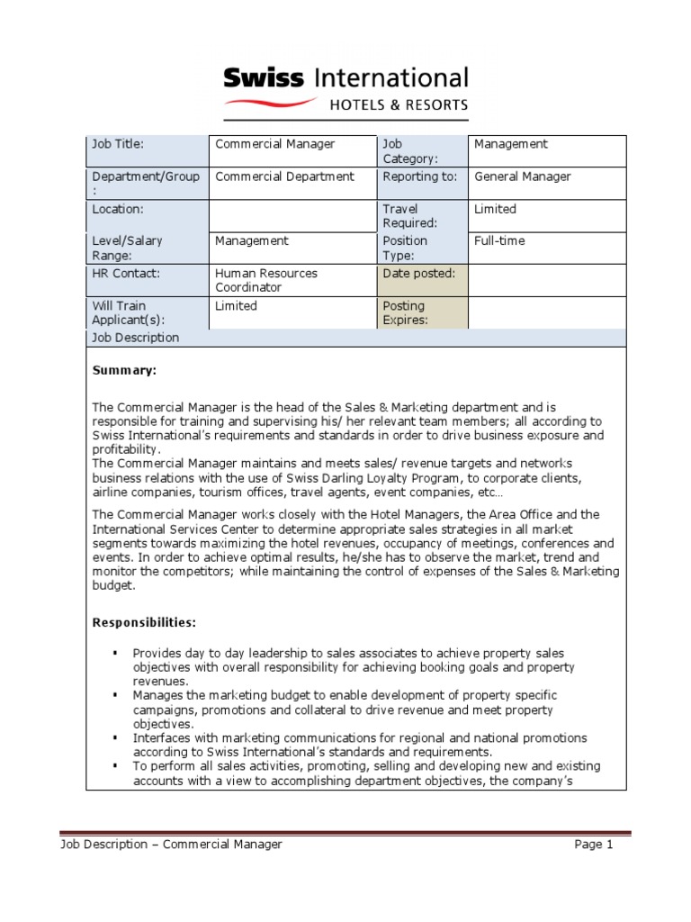 Job Description Commercial Manager | PDF | Sales | Marketing
