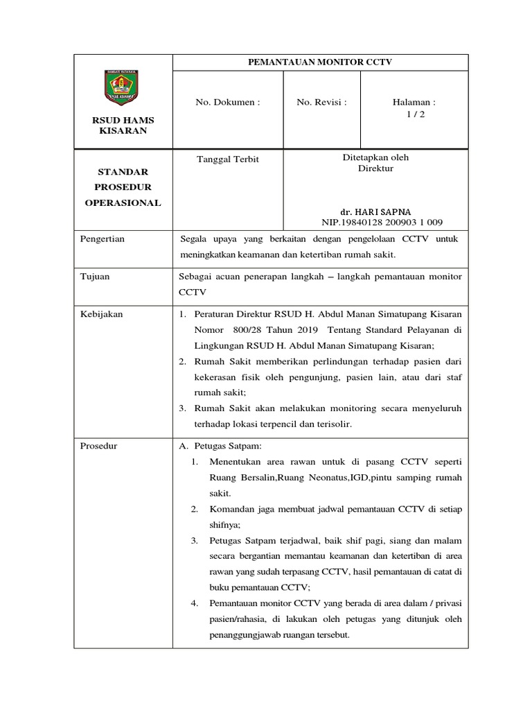 Prosedur Pemantauan CCTV RSUD HAMS | PDF