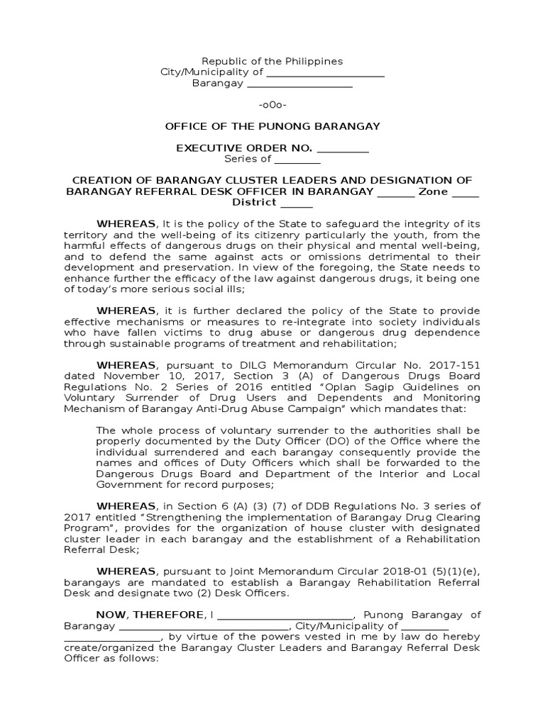 E.O. Creating Barangay Cluster Leaders | PDF | Substance Abuse | Justice