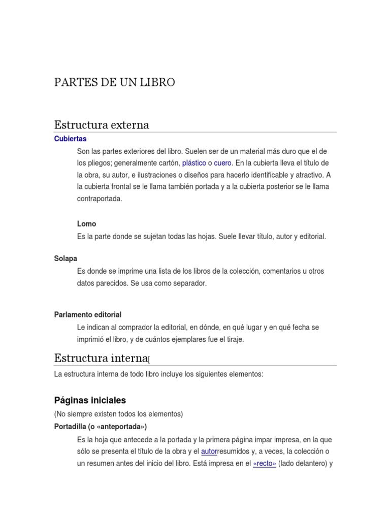 Hoja De Trabajo Sobre Las Partes De Un Libro