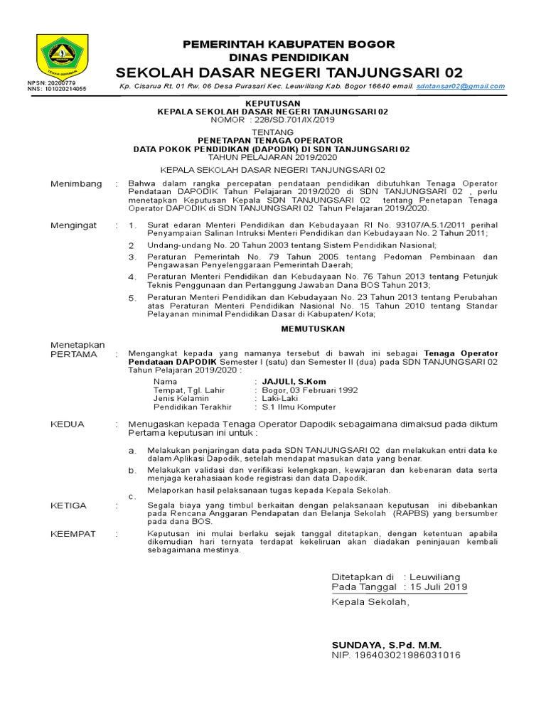 Contoh SK Operator Sekolah Dasar | PDF