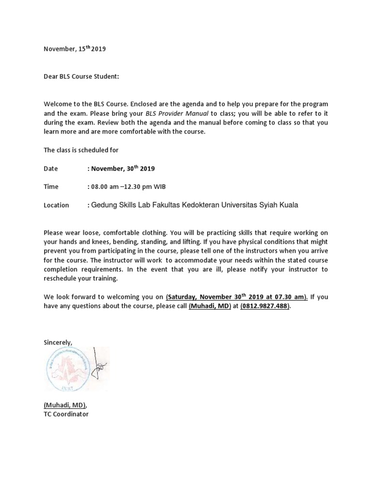 Pre Course Letter Bls | PDF