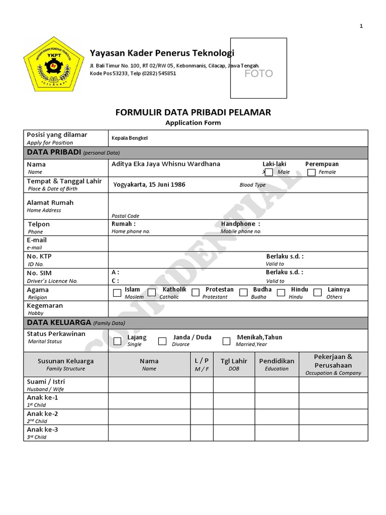 Contoh Form Data Pribadi Pelamar | PDF
