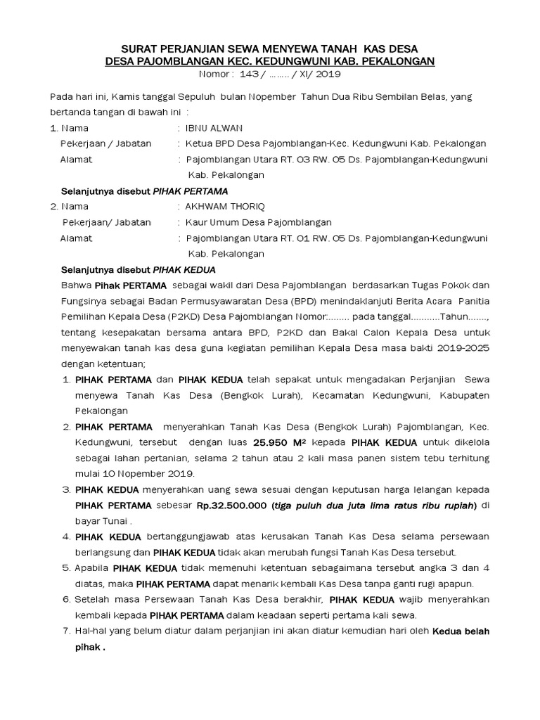 Surat Perjanjian Sewa Menyewa Tanah Kas Desa | PDF
