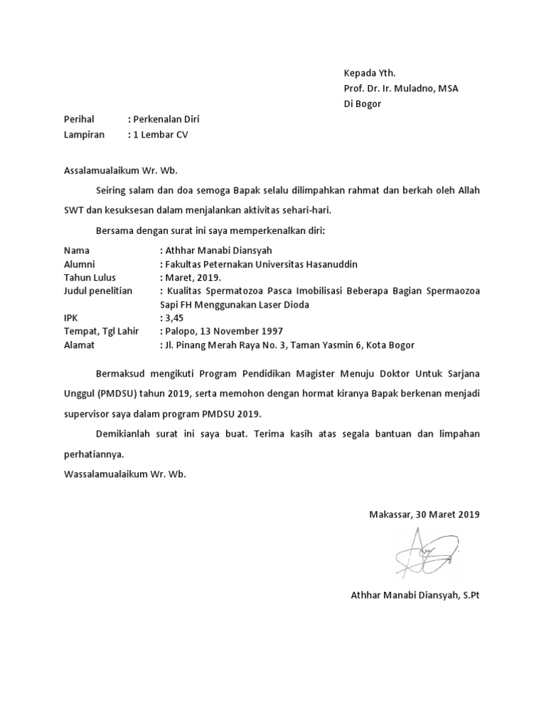 Surat Perkenalan Diri Athhar Diansyah | PDF