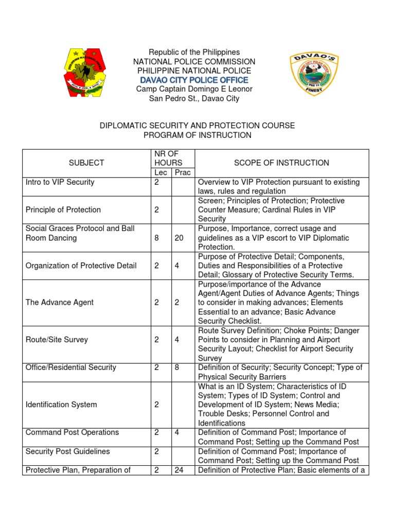 Diplomatic Security and Protection Course Program of Instruction | PDF ...