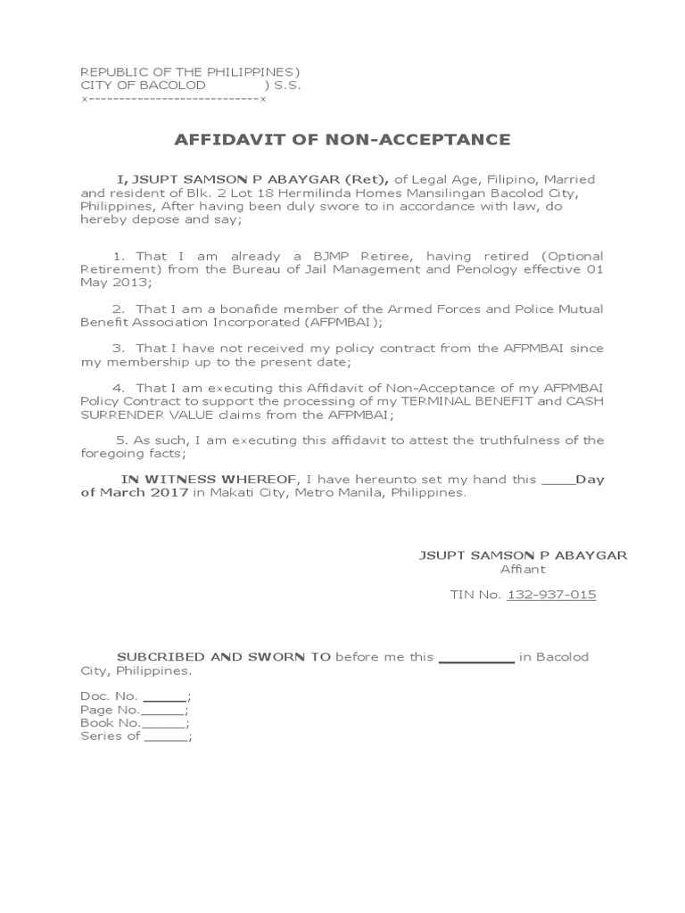 Affidavit of Non-Acceptance | Affidavit | Civil Law (Common Law)