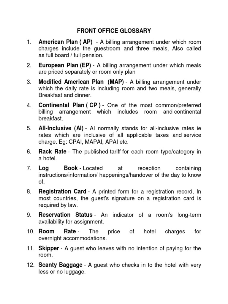 Front Office Glossary | PDF | Travel Agency | Services (Economics)