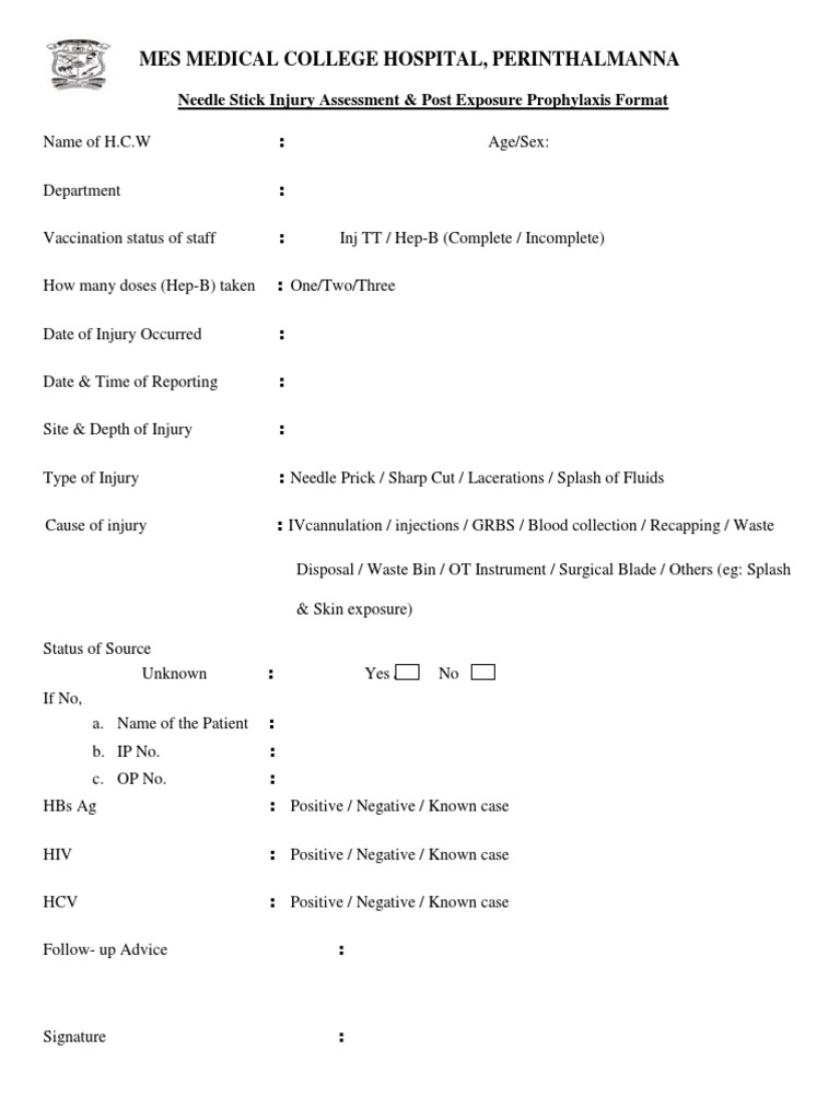 Needle Stick Injury Reporting Format | PDF
