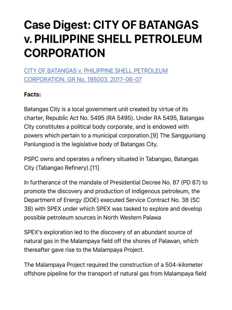 Case Digest - City of Batangas v. Philippine Shell Petroleum ...