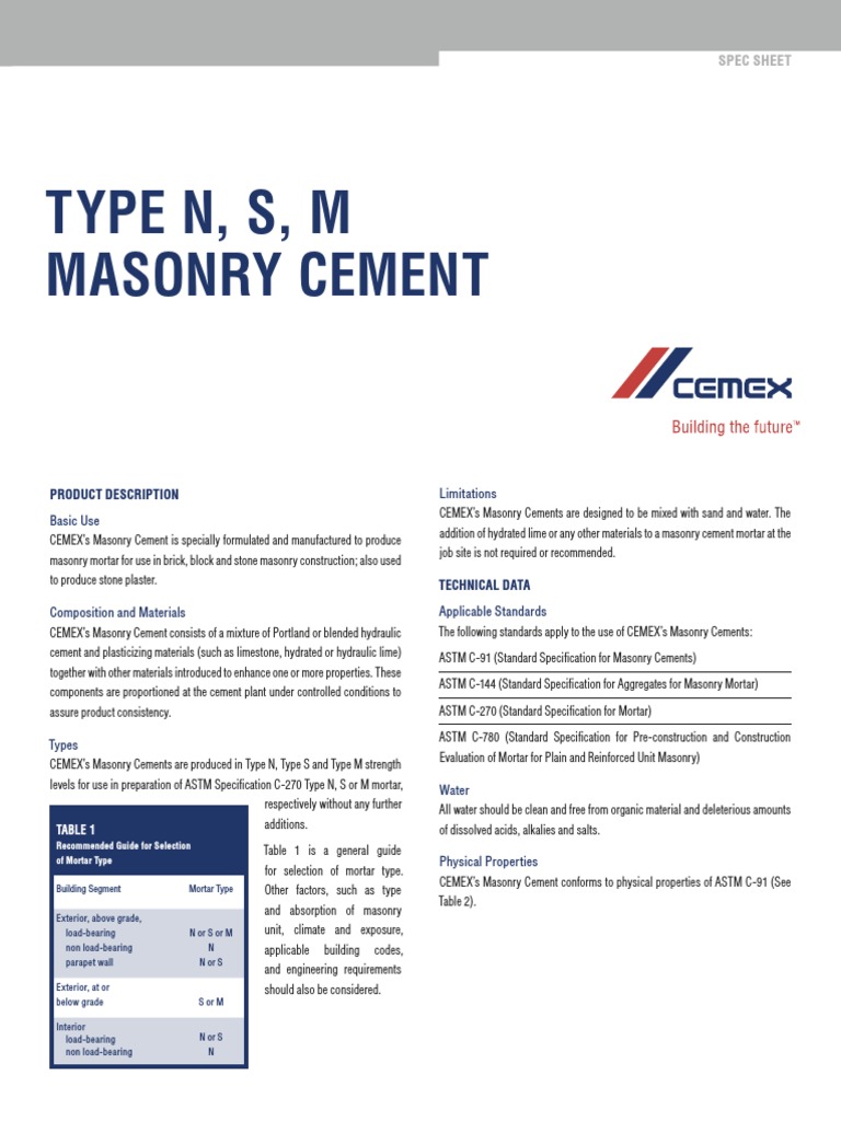 CEMEX Masonry Cement | PDF | Lime (Material) | Mortar (Masonry)