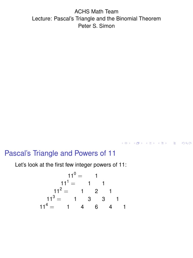 ACHS Math Team Lecture: Pascal's Triangle and The Binomial Theorem Peter S. Simon | PDF ...