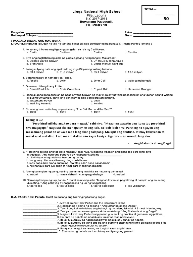 2nd Monthly Test in Filipino 10 | PDF