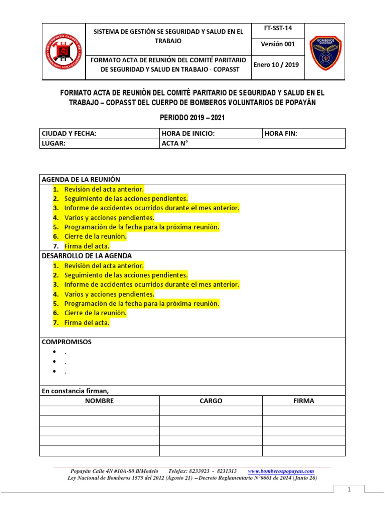 FT-SST-14 Formato Acta de Reunión COPASST | PDF