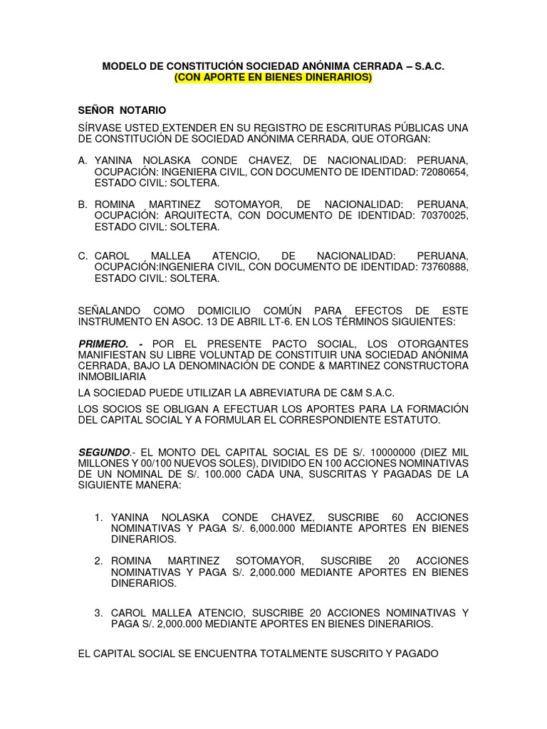 Modelo de Constitución Sociedad Anónima Cerrada | Conceptos legales | Empresas