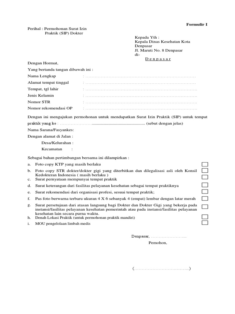 Form Permohonan SIP Dokter Di Kota Denpasar | PDF