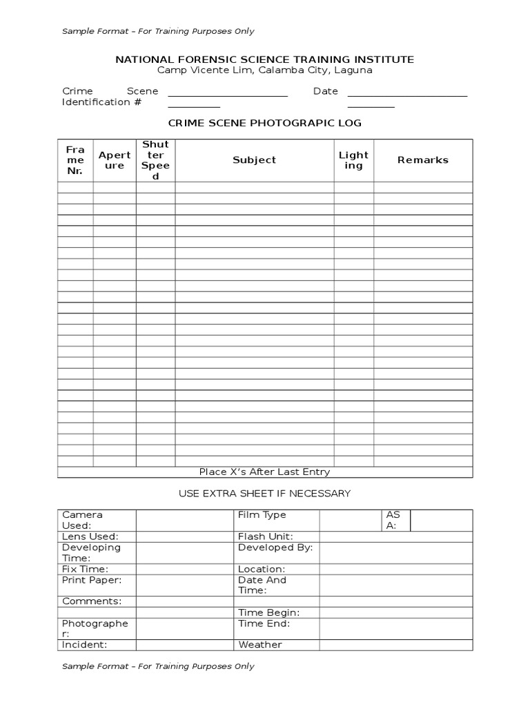 Crime Scene Photographic Log | PDF | Crime Scene | Equipment