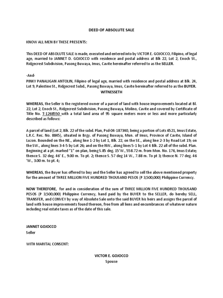 DEED OF ABSOLUTE SALE final.docx | Civil Law (Legal System) | Natural ...