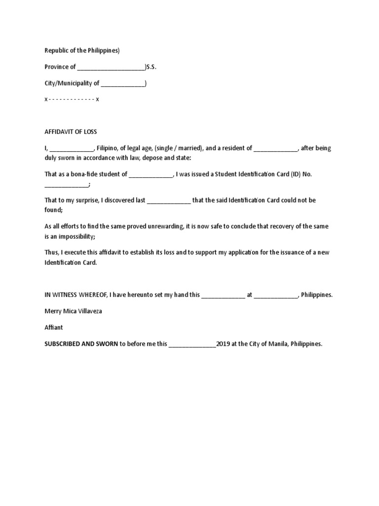 Affidavit of Loss PUP ID | PDF