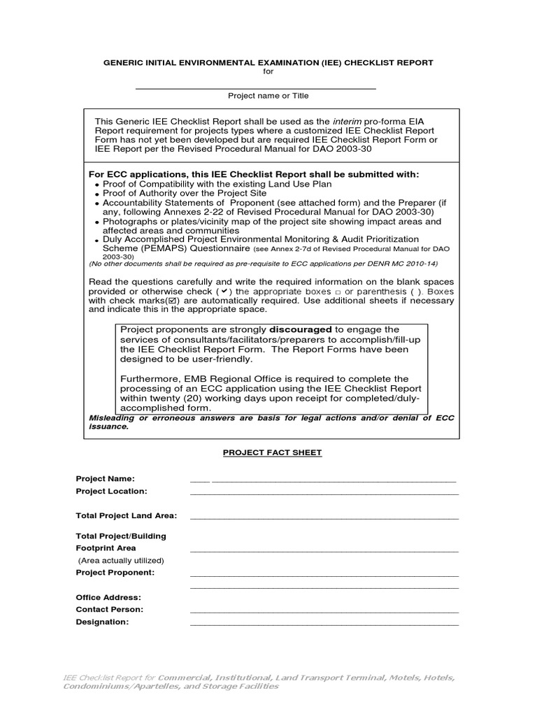 GENERIC IEE Checklist Form093011 | PDF | Environmental Monitoring | Water