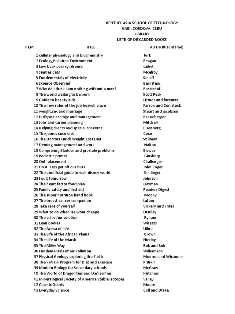 Benthel Asia School of Technology Library Discarded Books List | PDF ...