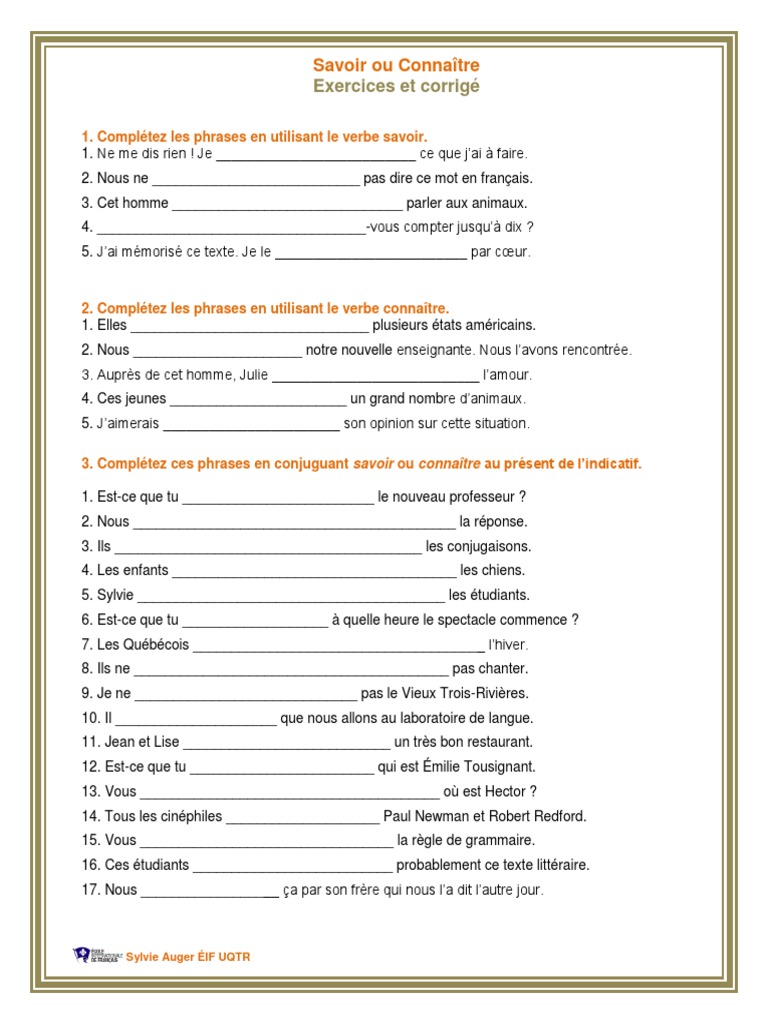 Savoir ou Connaître : Exercices Pratiques | PDF | Verbe | Linguistique