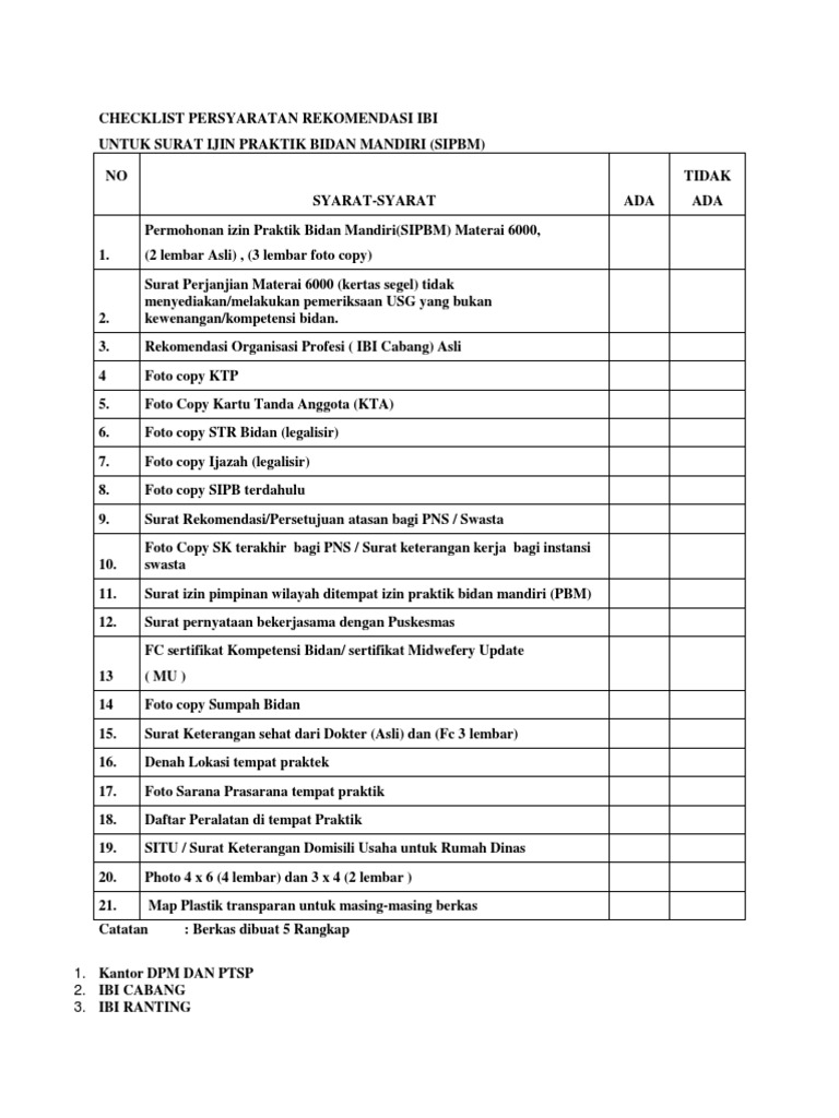 Checklist Persyaratan Rekomendasi Ibi | PDF