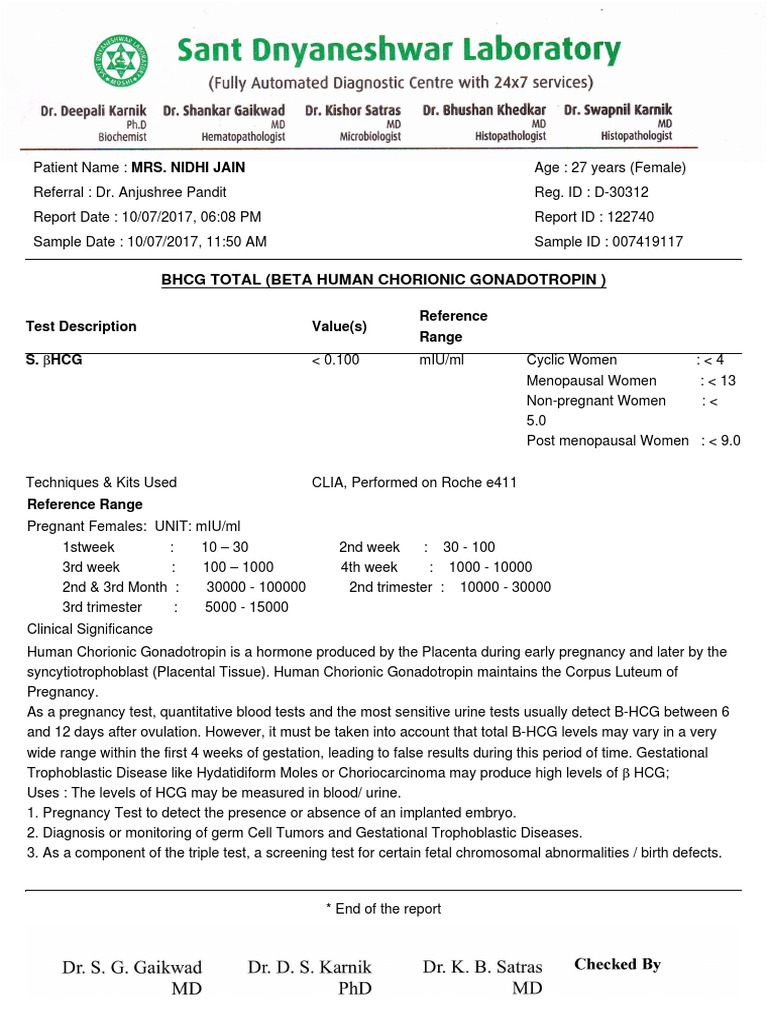 Nidhi Blood Report | Download Free PDF | Human Chorionic Gonadotropin ...