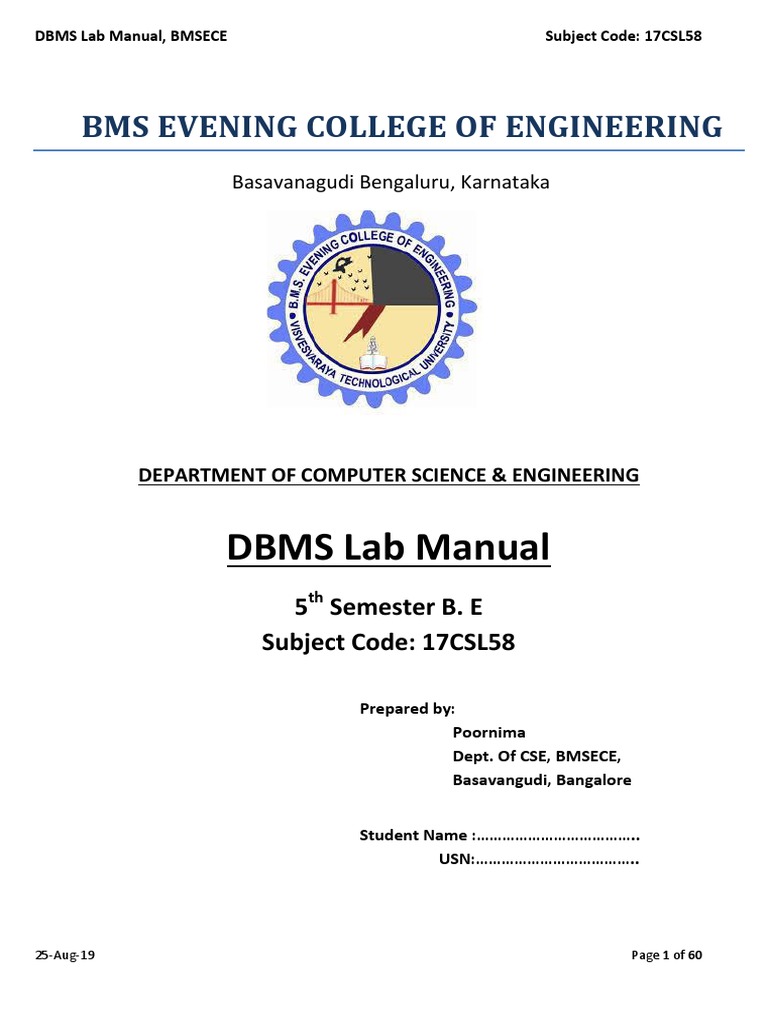 Dbms Lab 5th Sem Manual - Bmsece | PDF | Relational Database | Databases Dbms Lab 5th Sem Manual - Bmsece | PDF | Relational Database | Databases