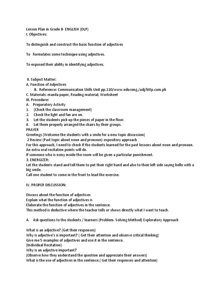 Lesson Plan in Grade 8 | PDF | Lesson Plan | Adjective