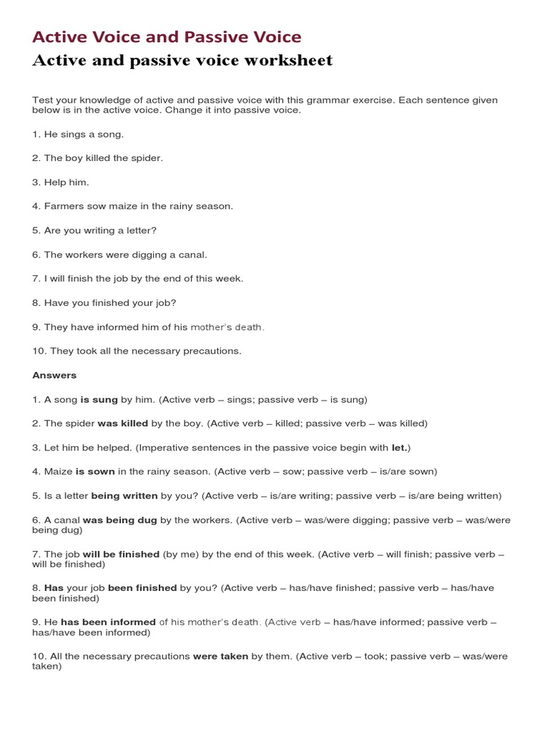 Active Vs Passive Voice Worksheet