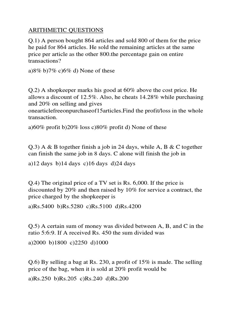 Arithmetic 200 Questions | PDF | Speed | Interest