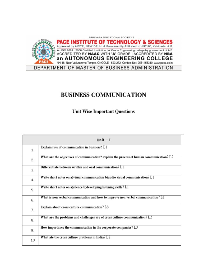 Business Communication - Unit Wise Important Questions | PDF ...