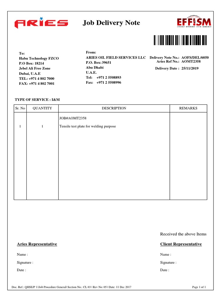 Job Delivery Note | PDF