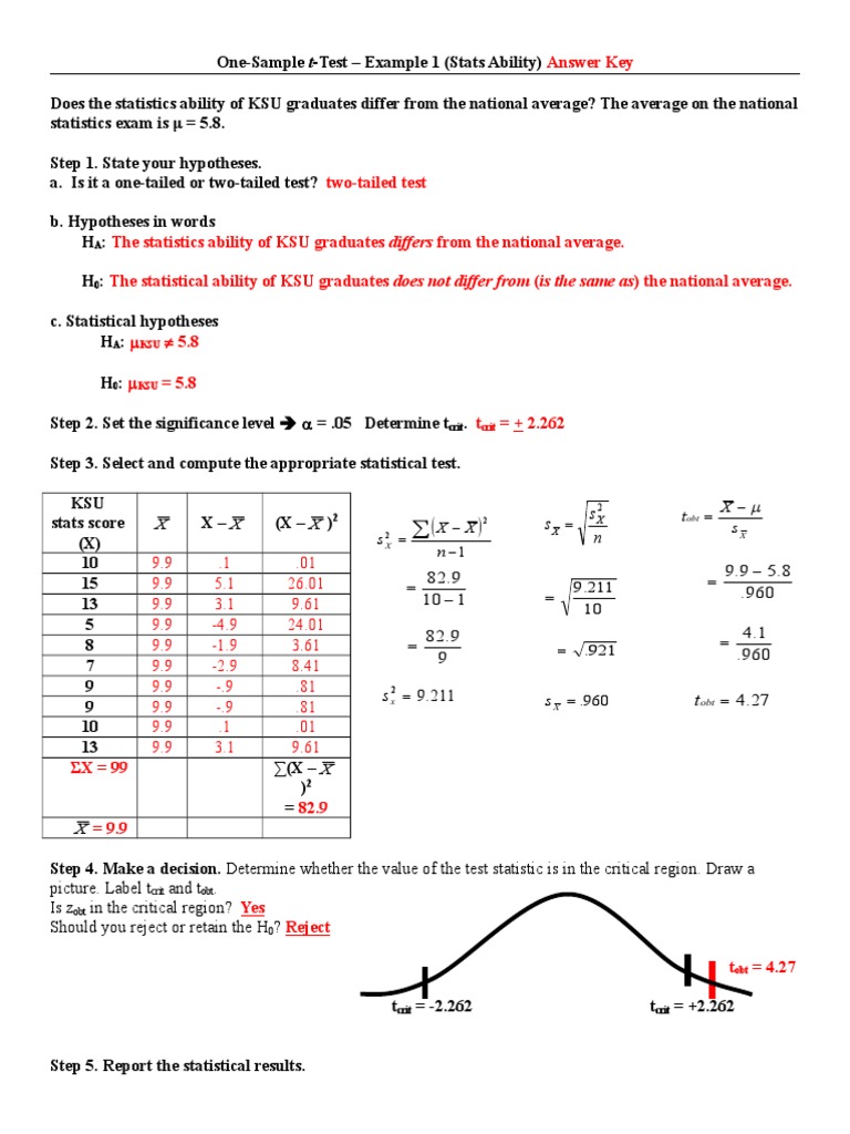 One-Sample T Test Worksheet 1 - ANSWER KEY | PDF | Statistical ...