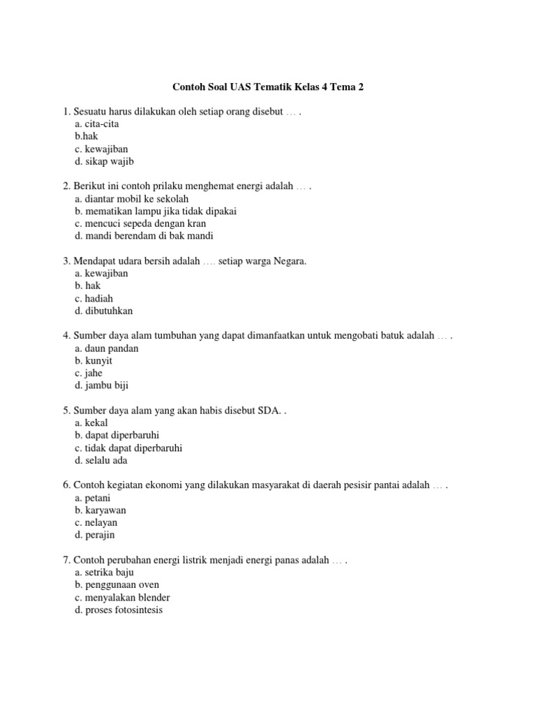 Soal Pas Tema Kelas 4 | PDF | Griya & Taman