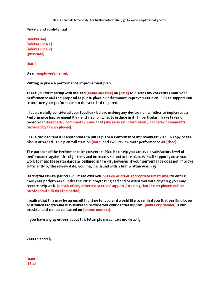 Sample Letter Putting in Place A Performance Improvement Plan | PDF ...