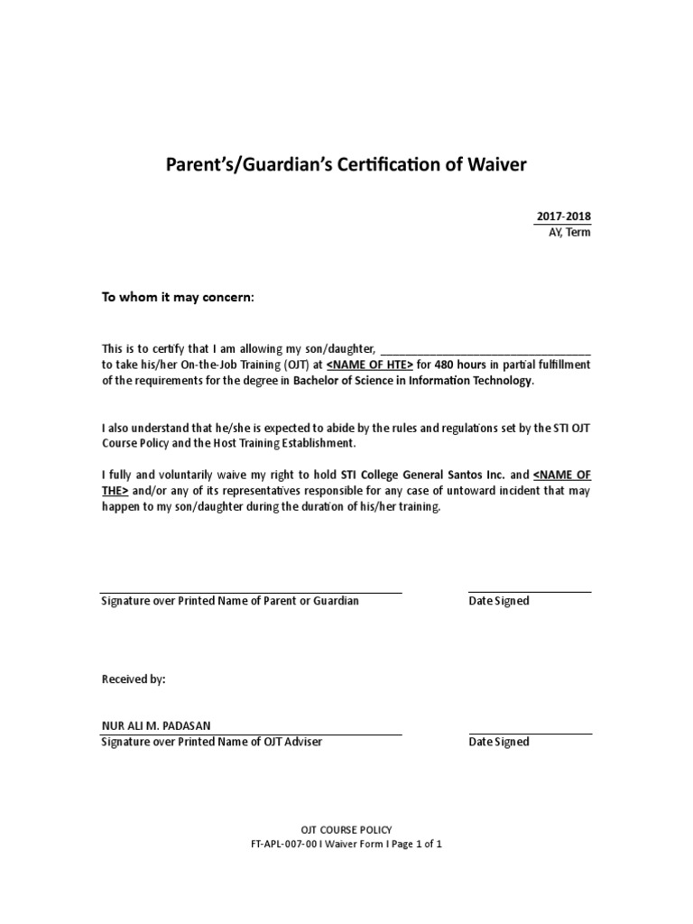 FT APL 007 00 Waiver Form | PDF