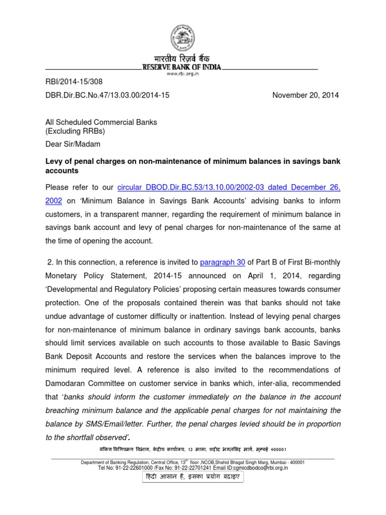 Rbi Guideline For Non Maintaining Minimum Balance | PDF | Deposit Account | Reserve Bank Of India