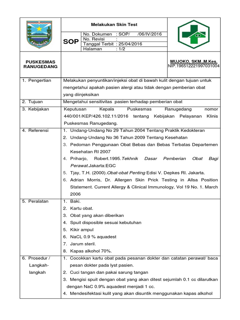 Sop Melakukan Skin Test | PDF