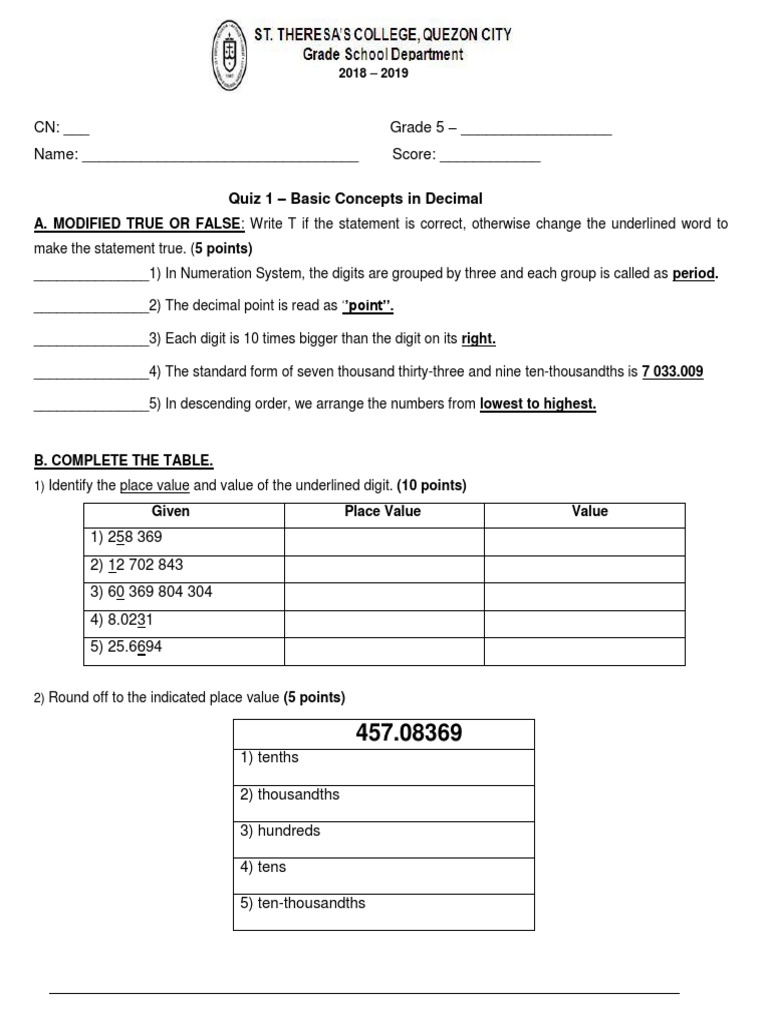 Grade 5 Decimal Concepts Quiz | PDF