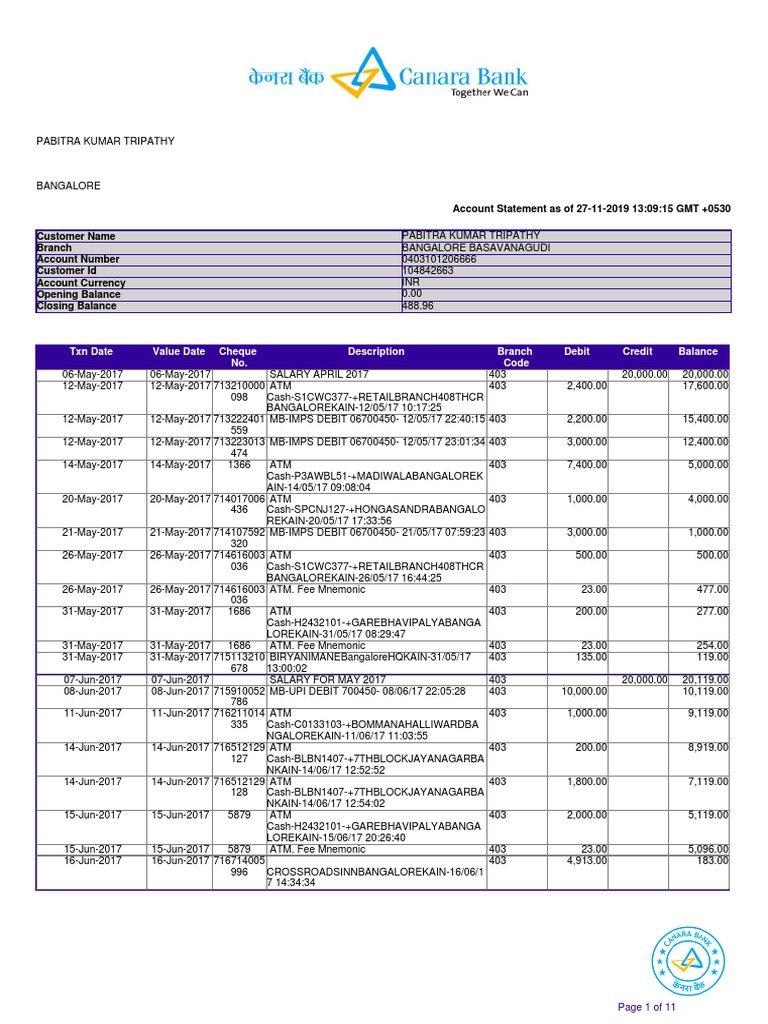 Canara Bank Statement 1 | PDF | Debits And Credits | Debit Card