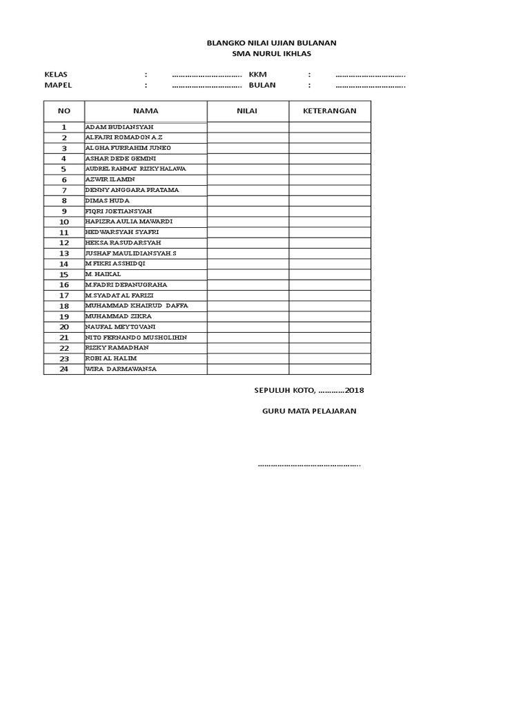Blangko Nilai Ujian Bulanan | PDF