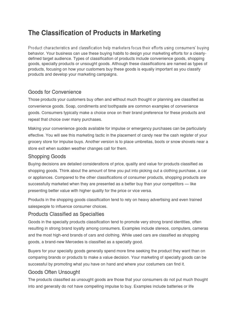 The Classification of Products in Marketing | PDF | Brand | Marketing