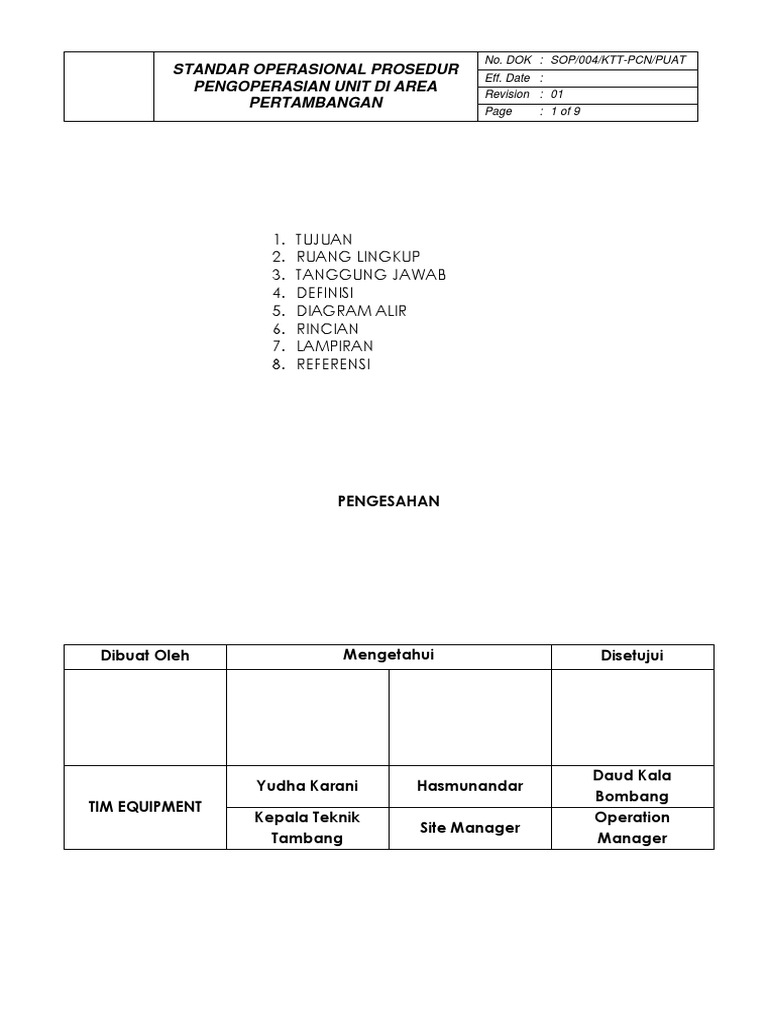 Standar Operasional Prosedur Pengoperasian Alat Berat dan Kendaraan di Area Pertambangan | PDF