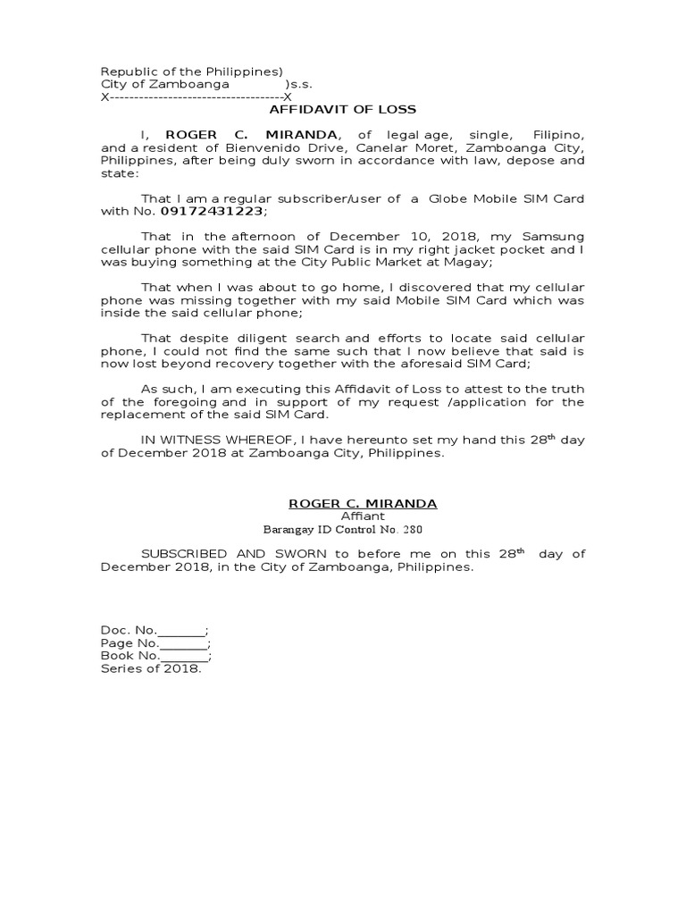 Affidavit of Loss Cellphone and SIM Card | PDF