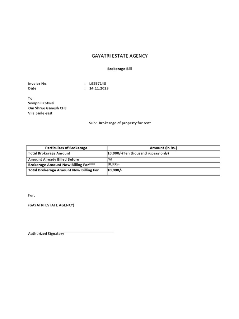Brokerage Bill for Property Rental | PDF