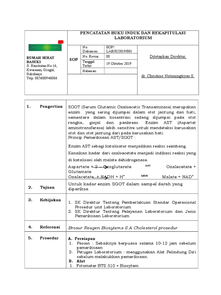 SOP Pemeriksaan SGOT/AST Laboratorium | PDF
