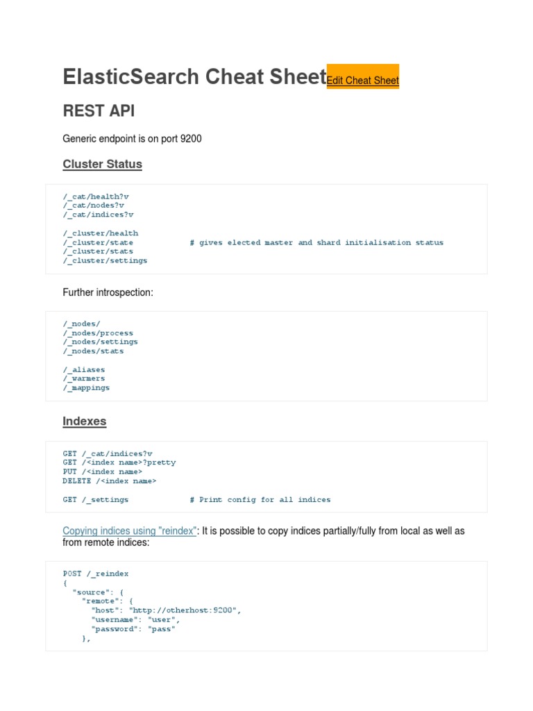 ElasticSearch Cheat Sheet | PDF | Scalability | Computer Architecture