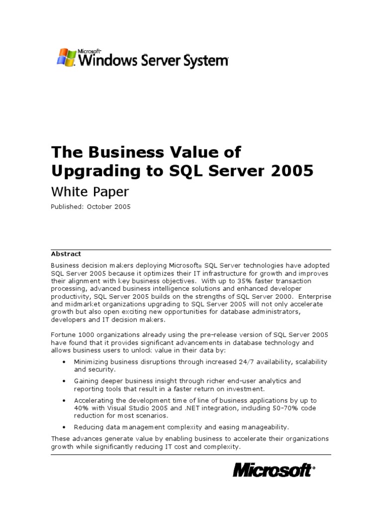 The Business Value Of Upgrading To Sql Server 2005 White Paper Pdf Microsoft Sql Server